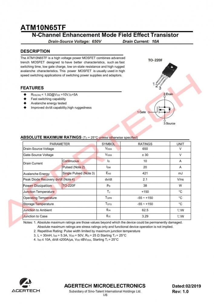 ATM10N65TF datasheet page 1