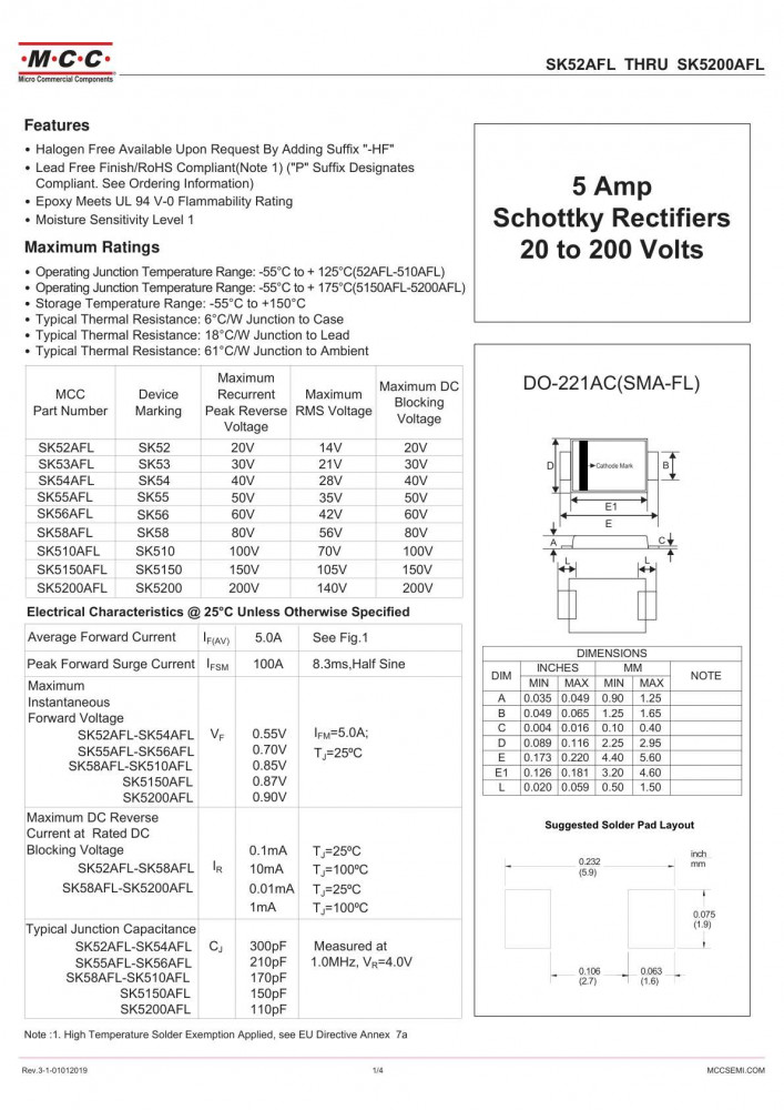 MCC SK54AFL-TP datasheet page 1