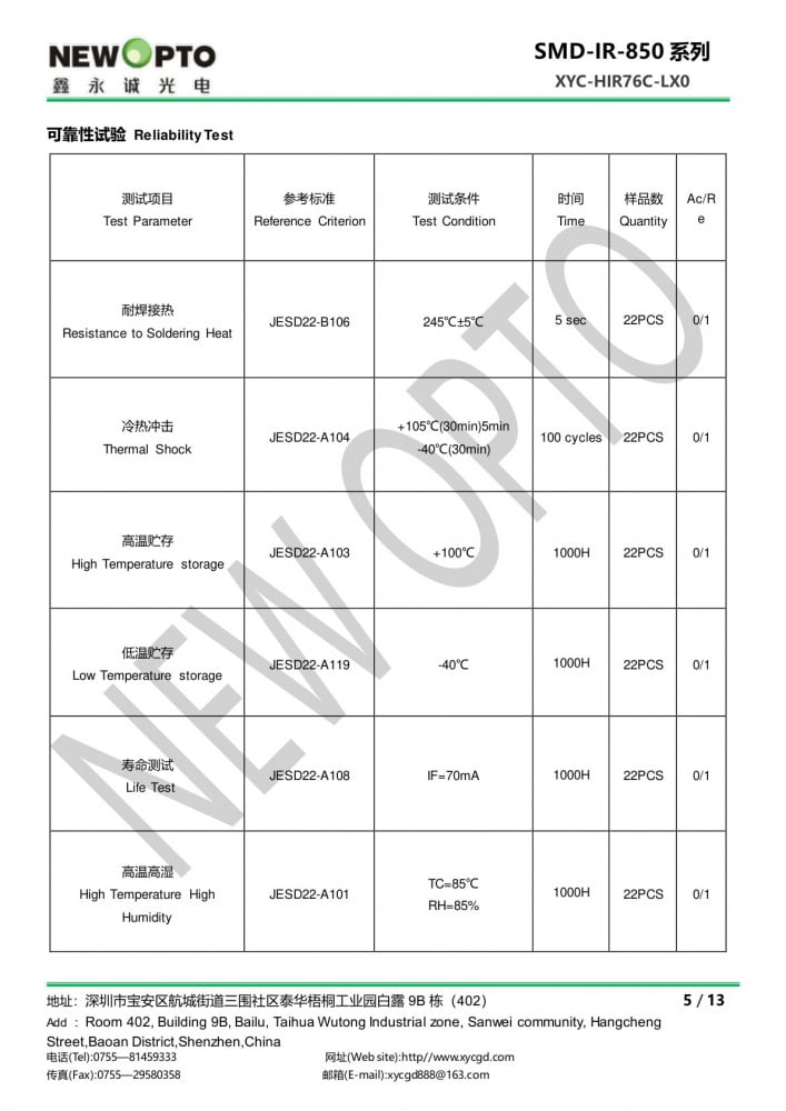 XYC-HIR76C-LX0 datasheet page 5