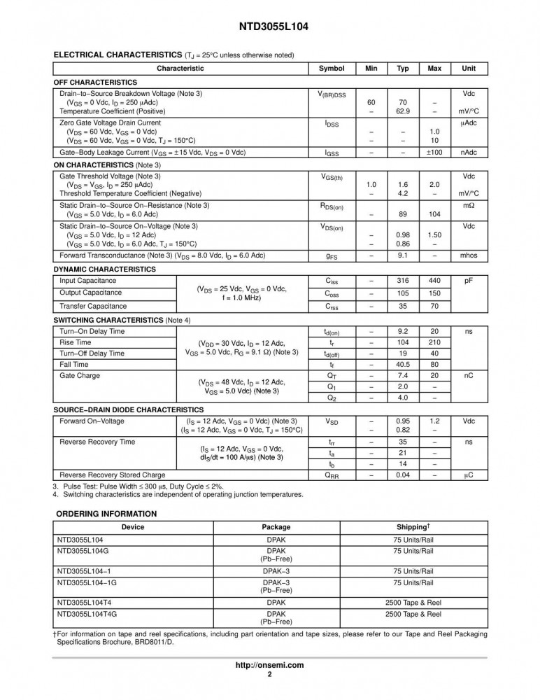 NTD3055L104T4G datasheet page 2