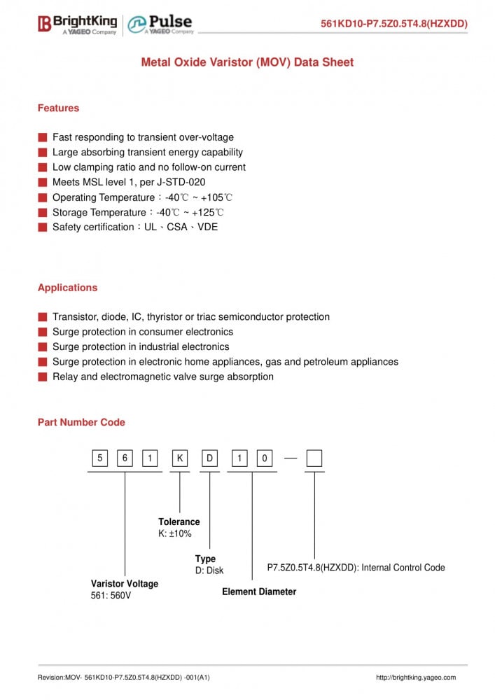 BrightKing MOV datasheet page 1