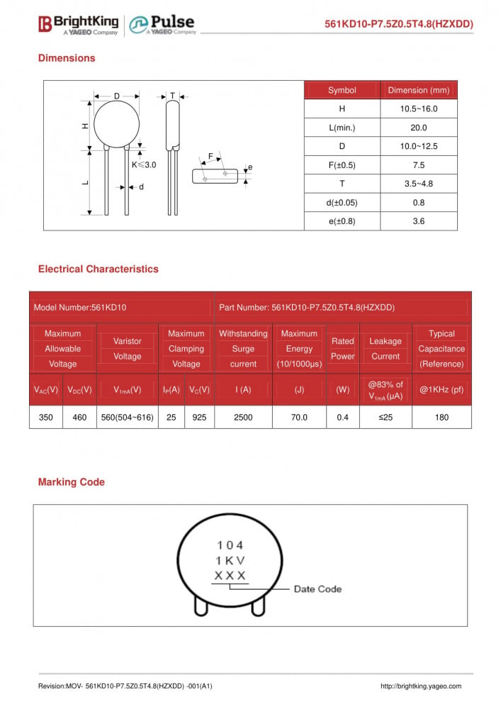 BrightKing MOV datasheet page 2