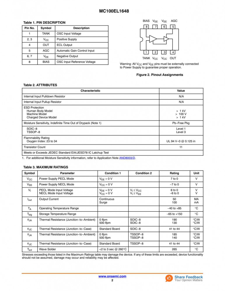 MC100EL1648 datasheet page 2