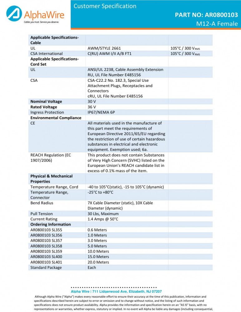 Alpha Wire AW0800103 SL400 technical data page 2