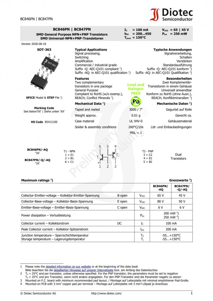 DIOTEC BC846PN datasheet page 1