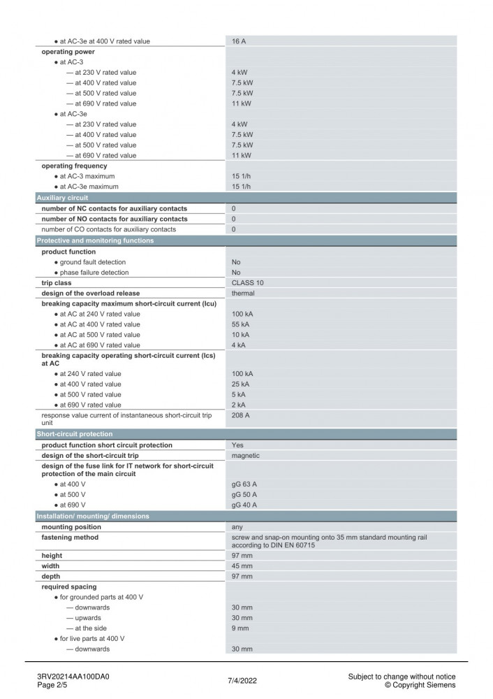 3RV20214AA100DA0 datasheet page 2