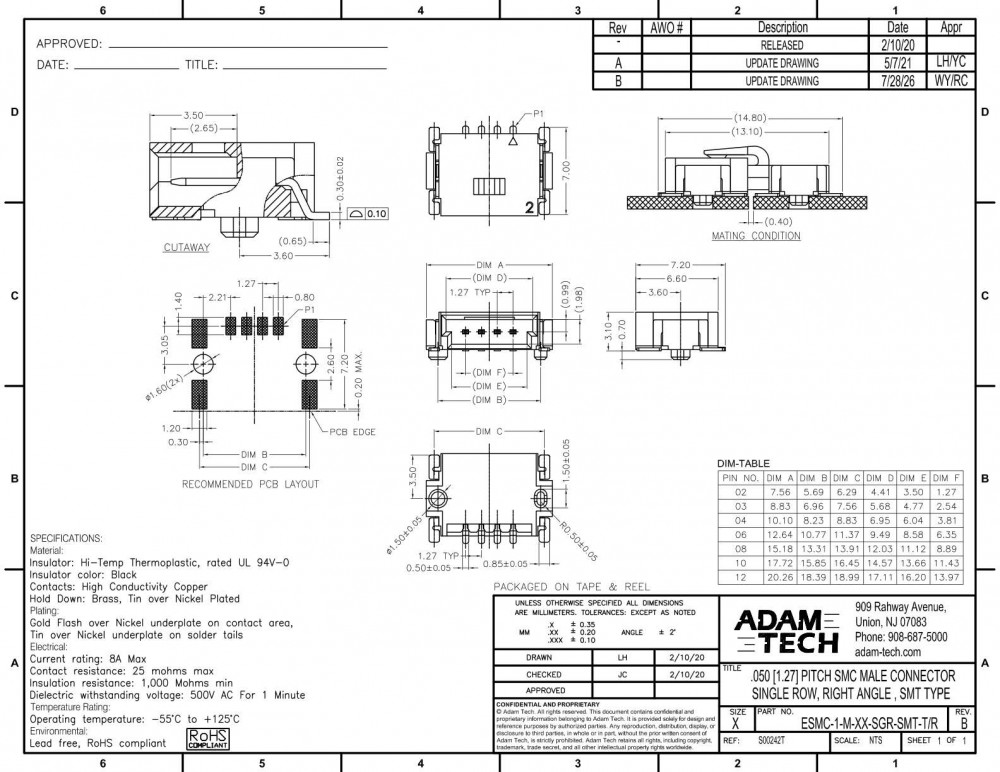 ADAM TECH SMC male single-row right-angle SMT connector drawing