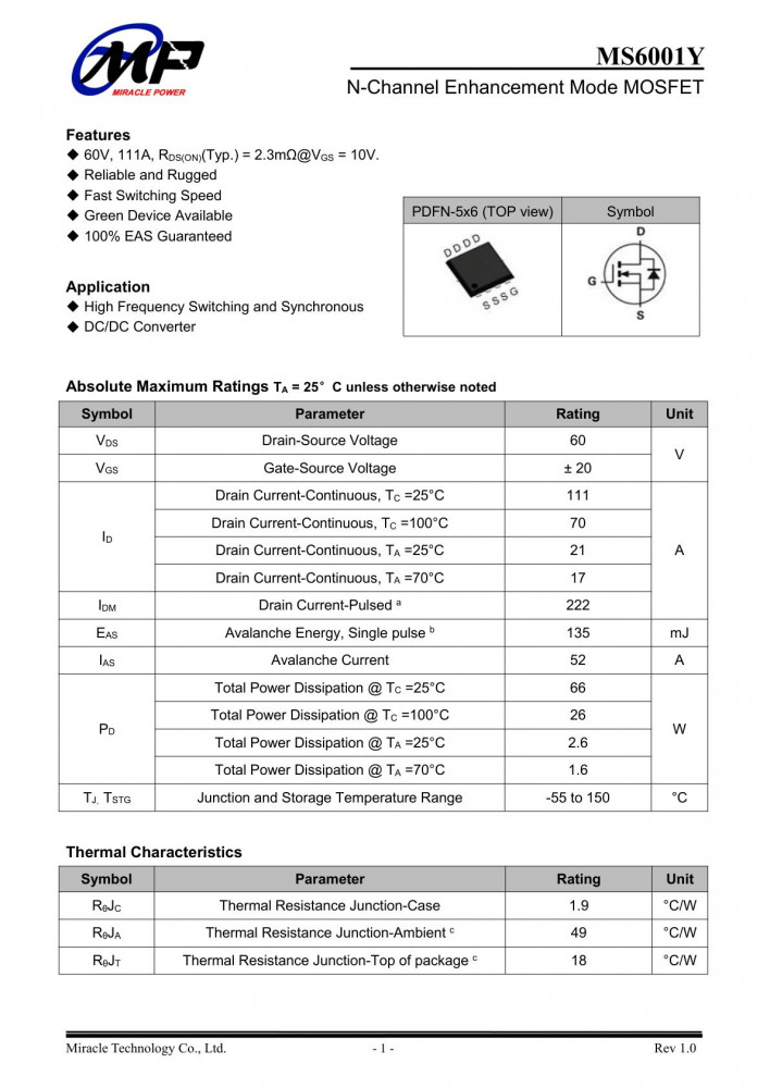 MS6001Y datasheet page 1