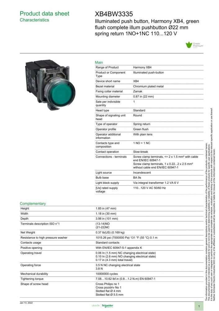XB4BW3335 technical document page 1