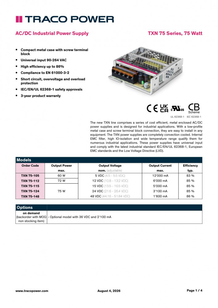 TXN 75 series datasheet page 1