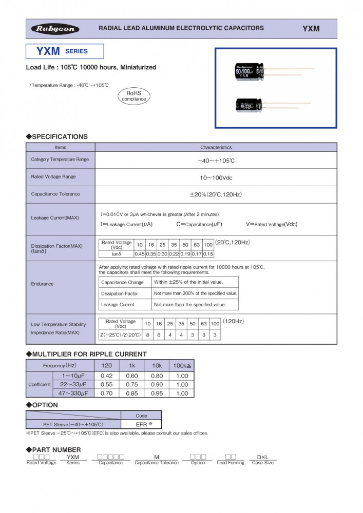 Rubycon YXM series technical document page 1