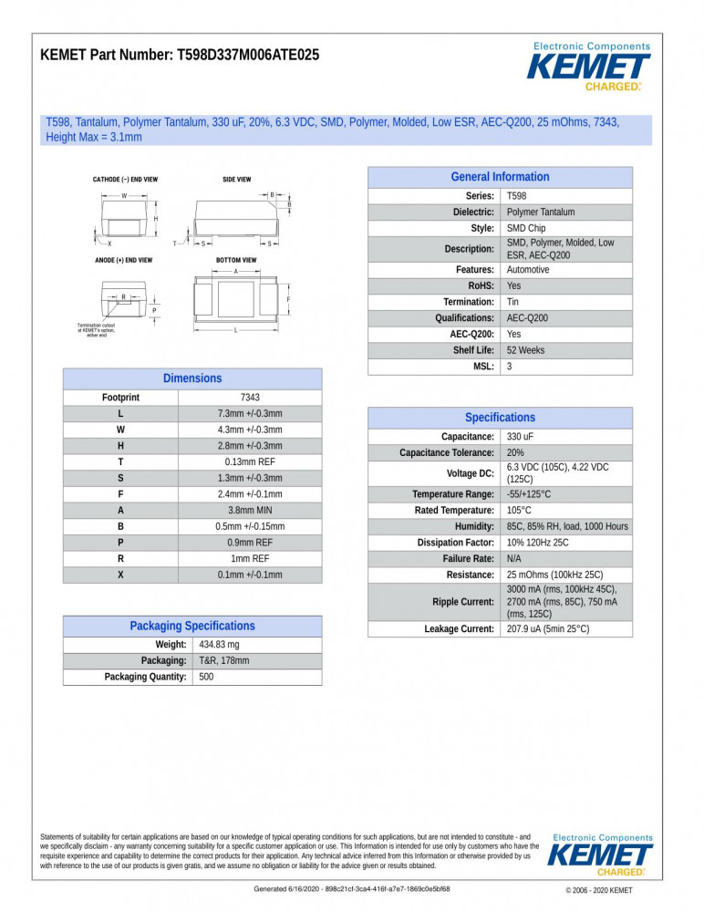 KEMET T598D337M006ATE025 technical document page