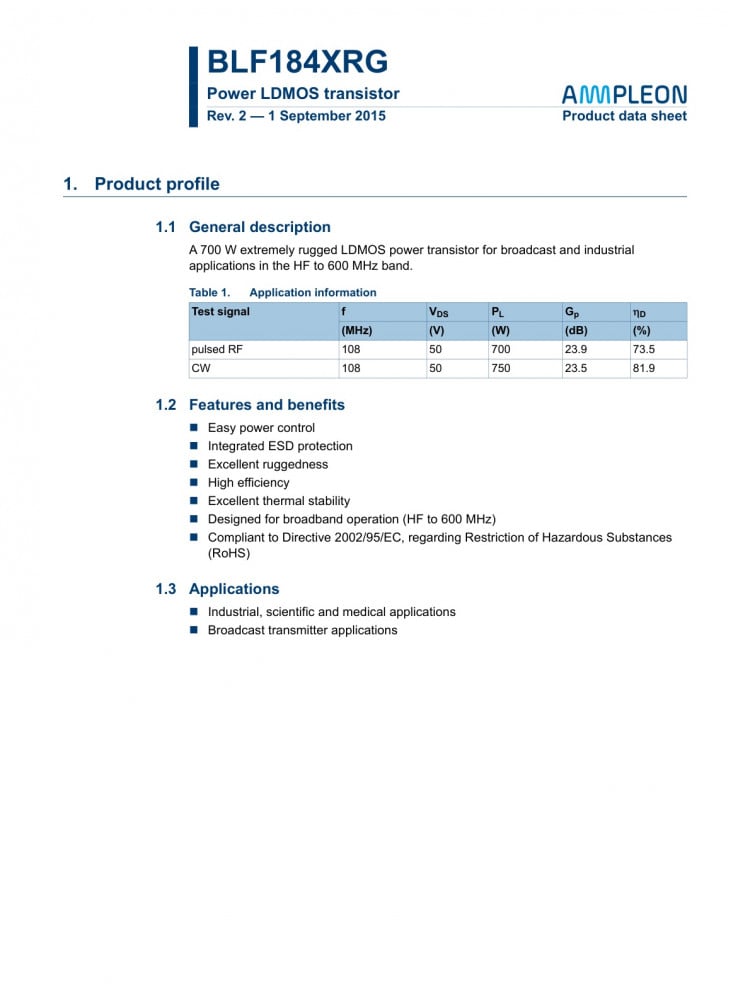 BLF184XRGJ datasheet page 1