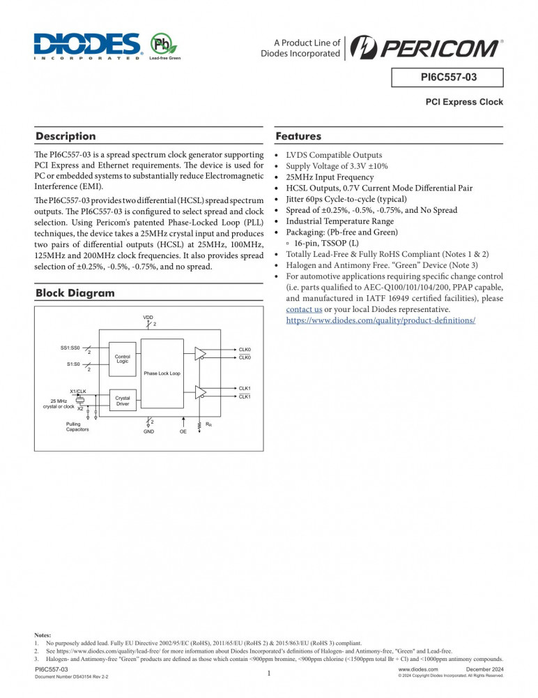 PI6C557-03 datasheet page 1