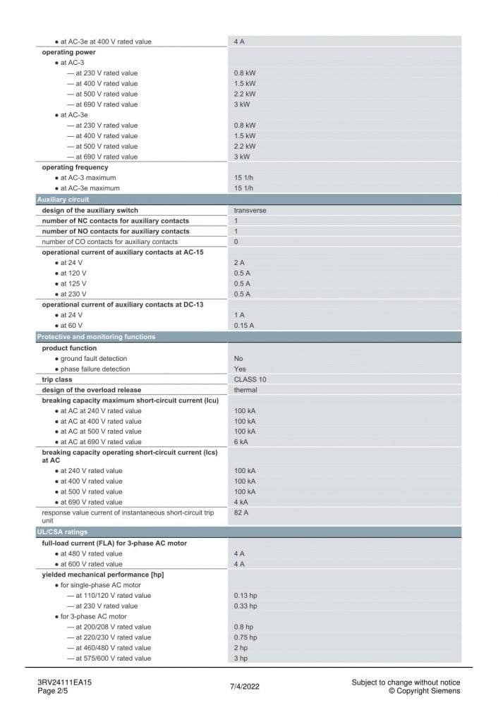 3RV24111EA15 technical document page 2