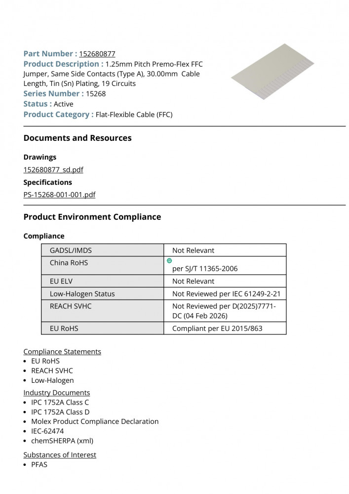 Molex 15268 family specification page 1