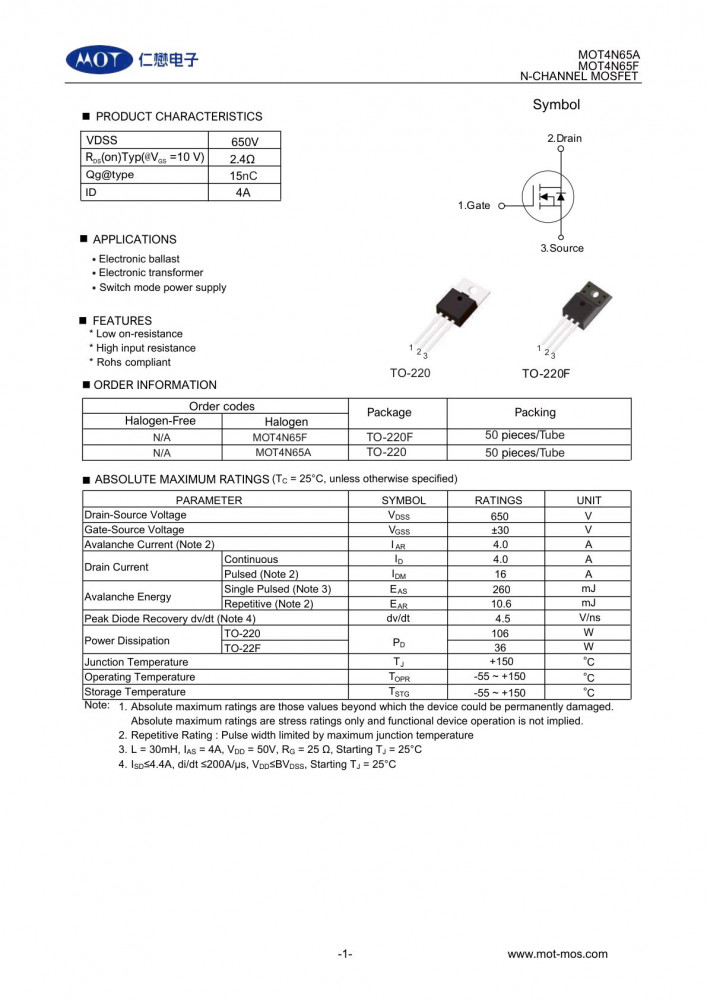 MOT4N65F datasheet page 1