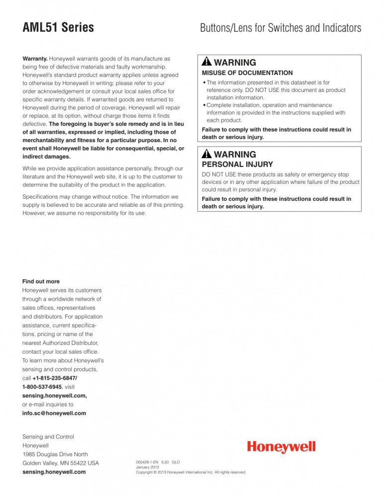 Honeywell AML51 Series datasheet page 4