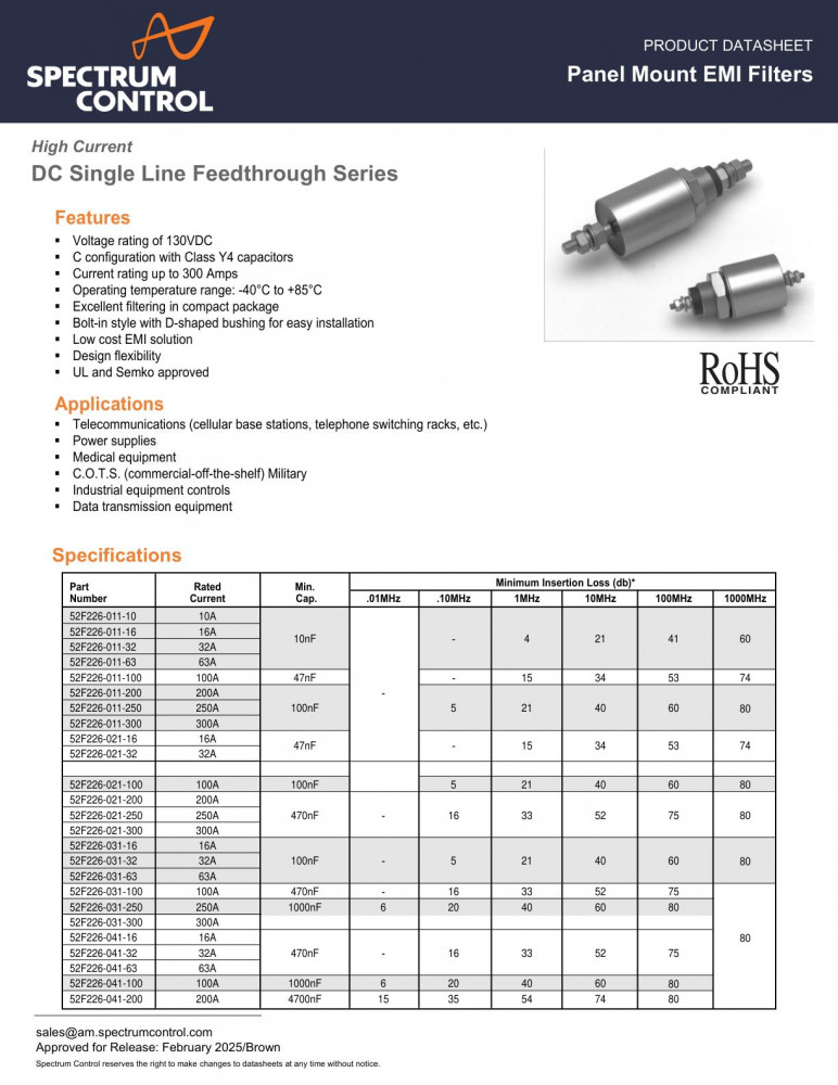 Spectrum Control 52F226 DC single-line feedthrough series documentation page 1