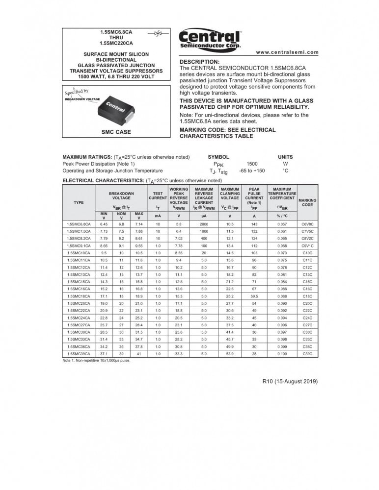 Central 1.5SMC TVS datasheet page 1