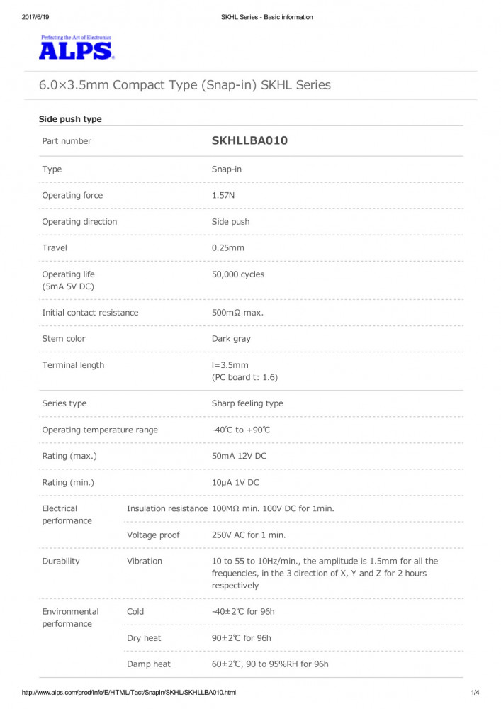SKHLLBA010 product specification page