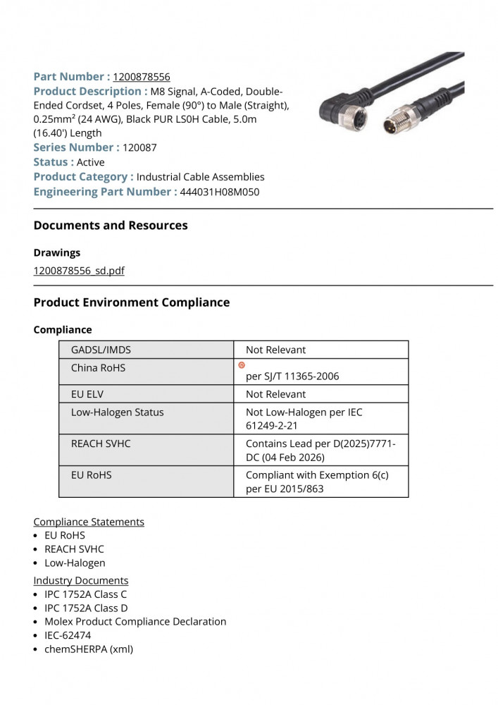 Molex M8 cordset drawing, page 1