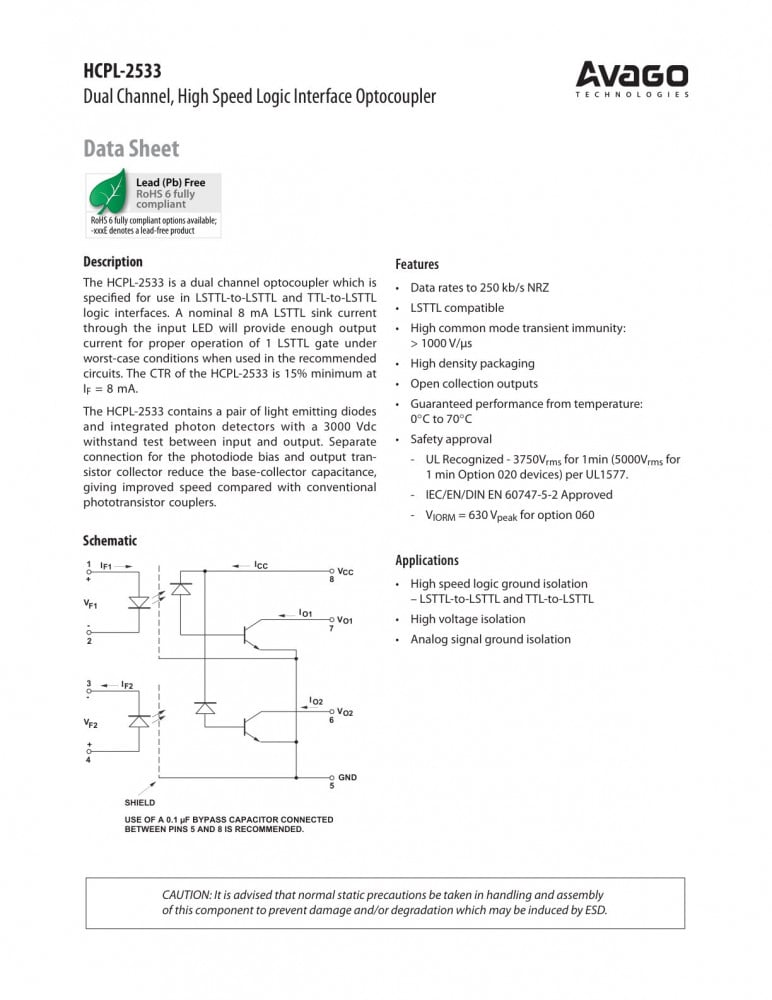 HCPL-2533 datasheet page 1