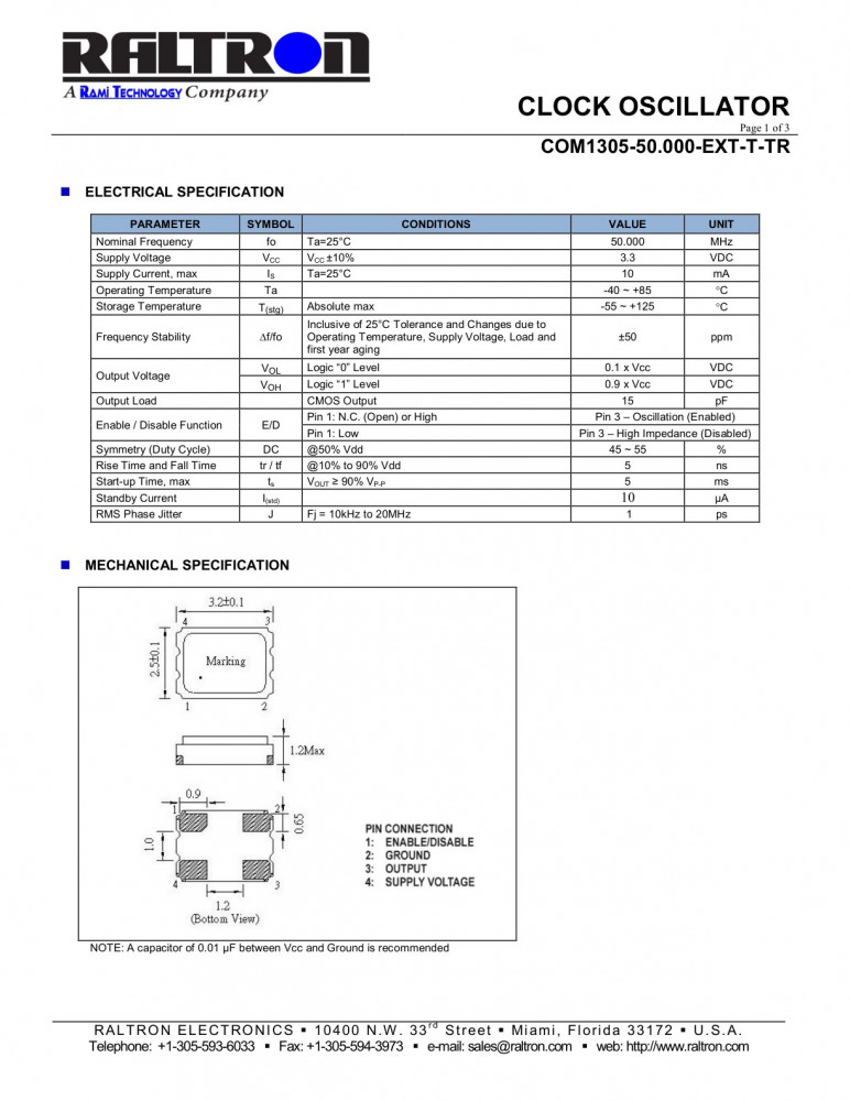 COM1305-50.000-EXT-T-TR technical document page 1