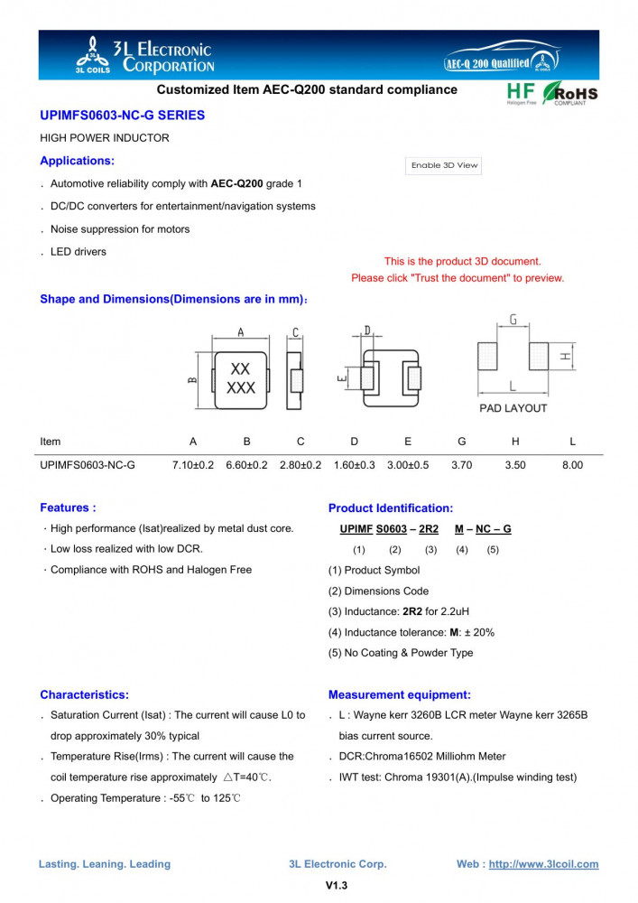 UPIMFS0603-NC-G product datasheet page 1