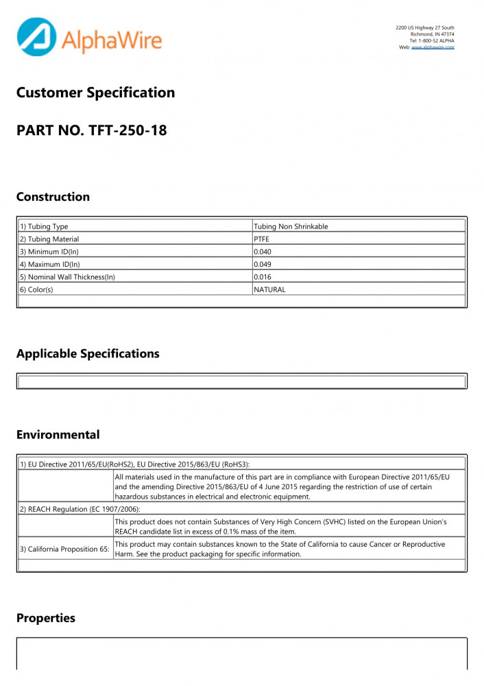 Alpha Wire TFT25018 NA001 technical document page 1