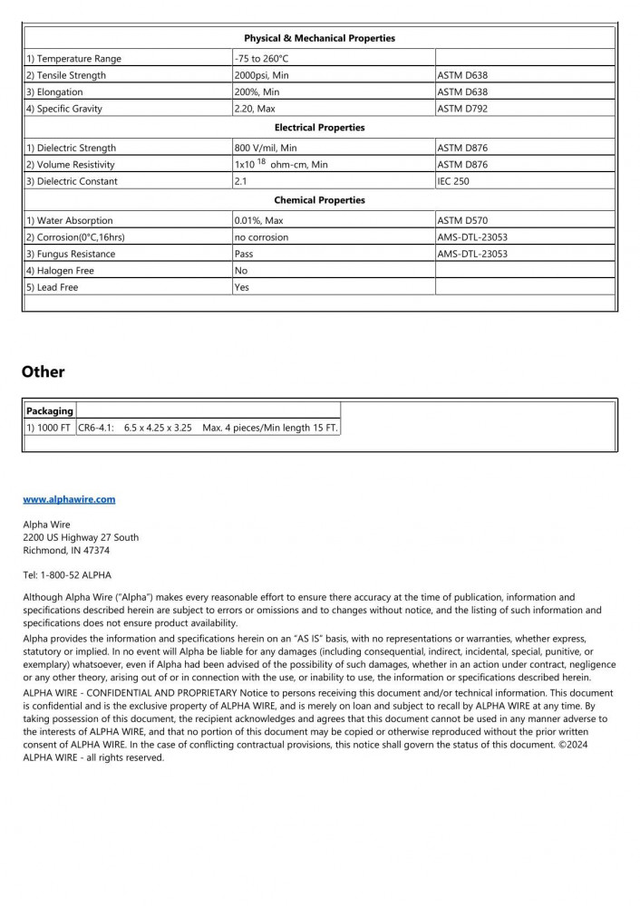 Alpha Wire TFT25018 NA001 technical document page 2