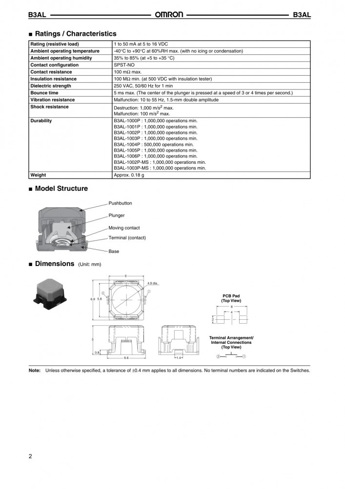 OMRON B3AL series specifications and dimensions
