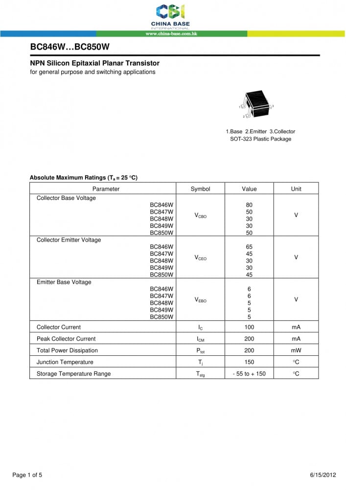 CBI BC847BW datasheet page 1