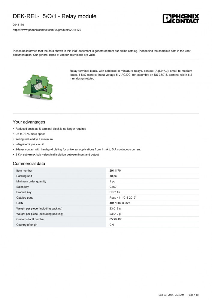 Phoenix Contact 2941170 technical document page 1