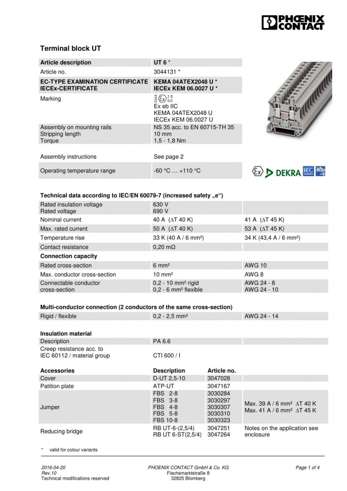 Phoenix Contact UT 6 3044131 technical document page 1
