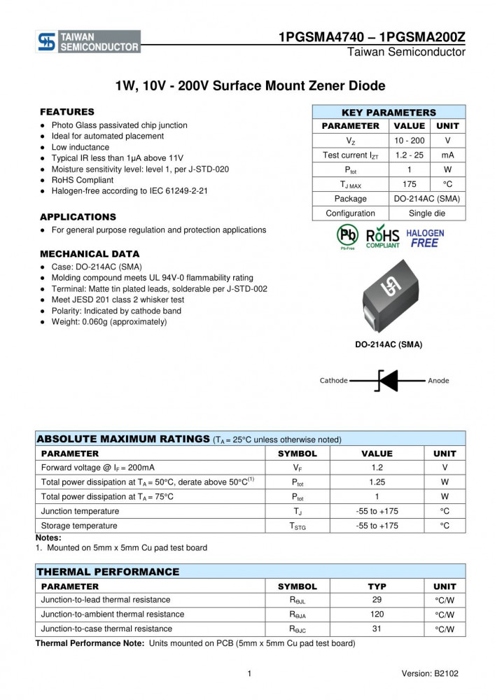 1PGSMA180Z datasheet page 1