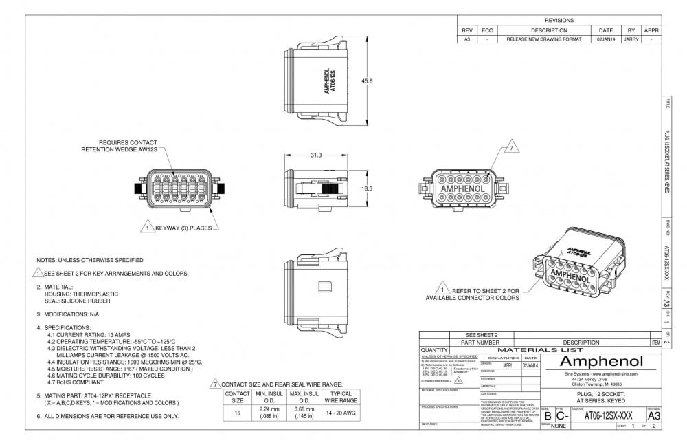 Amphenol AT06-12SC technical drawing page 1