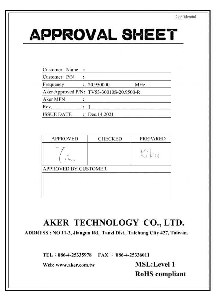 AKER TV53 approval sheet page 1