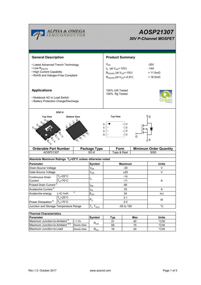 AOSP21307 datasheet page 1