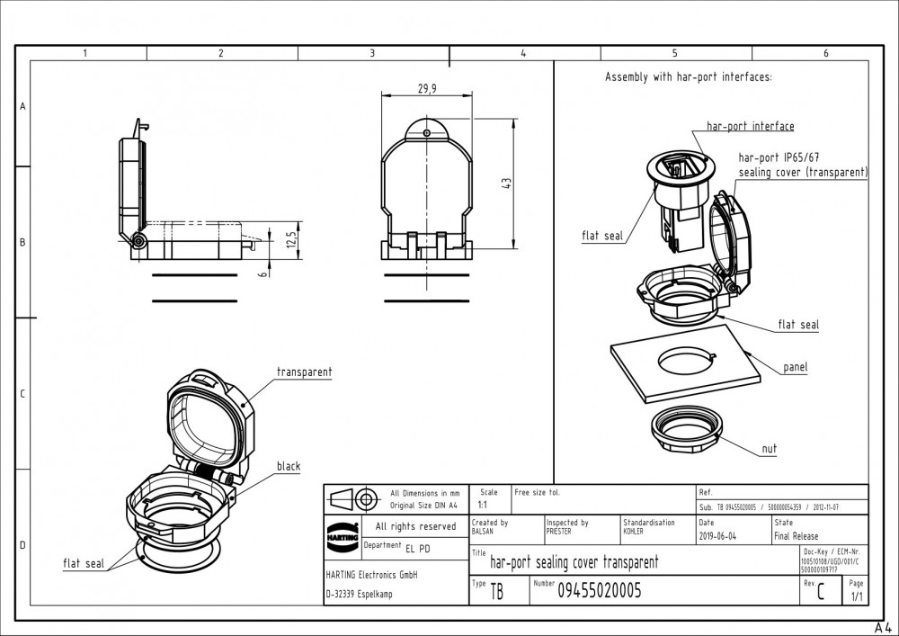 Drawing image for HARTING 09455020005 transparent har-port sealing cover