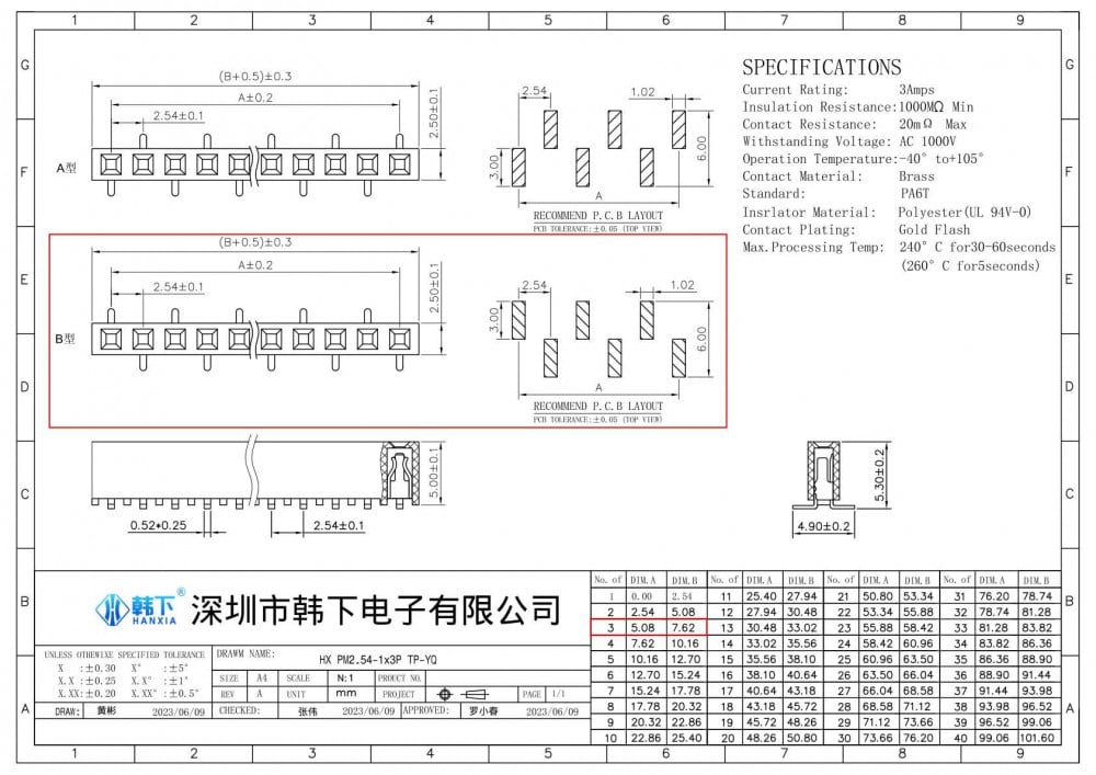 HANXIA HX PM2.54-1x3P TP-YQ technical drawing preview