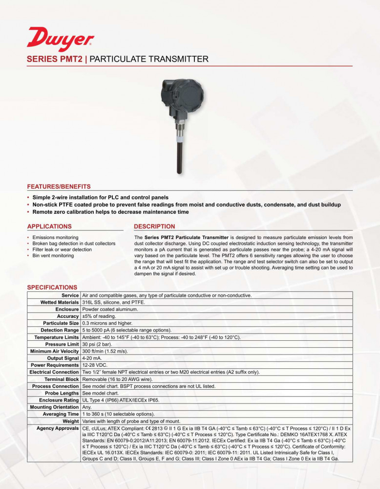 Series PMT2 particulate transmitter document page 1