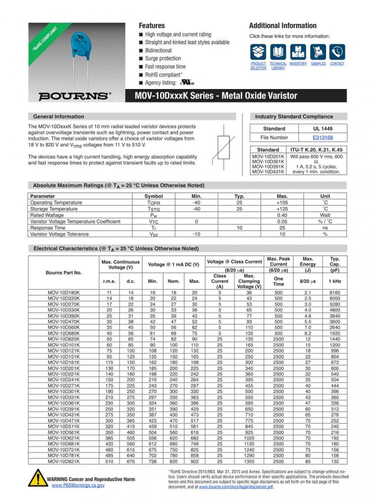 BOURNS MOV-10DxxxK datasheet page 1