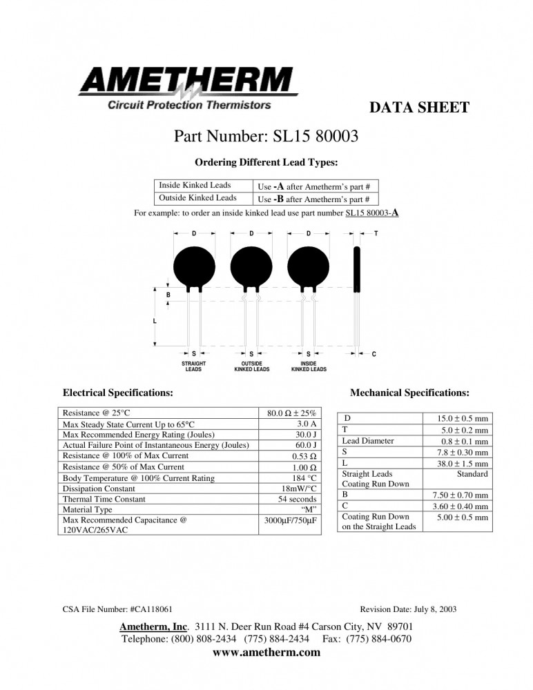 Ametherm SL15 80003 technical document page