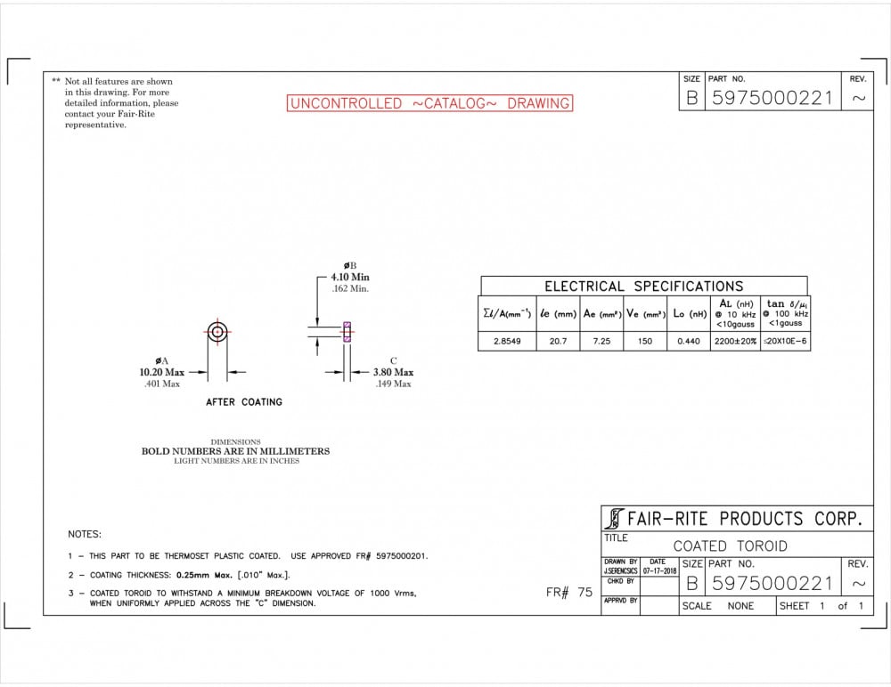Fair-Rite 5975000221 technical document page