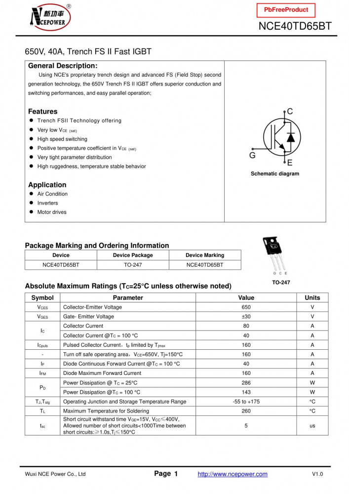 NCE40TD65BT datasheet page 1
