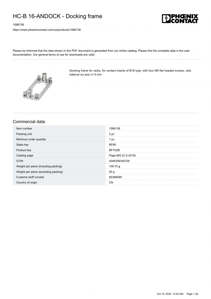 Phoenix Contact 1586138 product documentation page 1