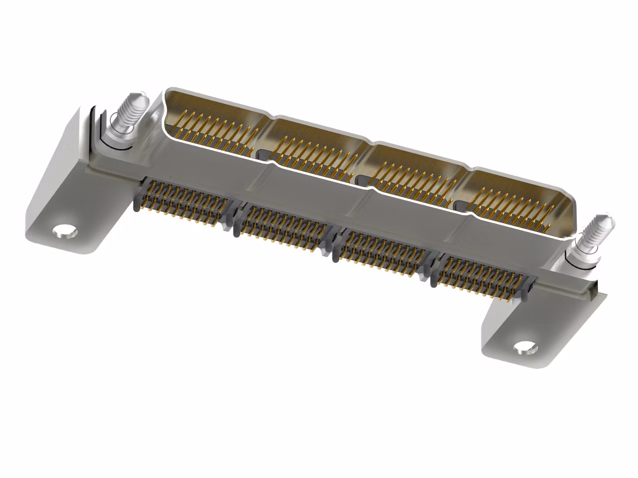 AirBorn SInergy, 3-Bay Right-Angle Board-Mount Receptacle with 1 RF, 1 High-Density, 1 RF Modules, Standard Shell with Interfacial Seal, Turning Jackscrews, 25.0 Gbps