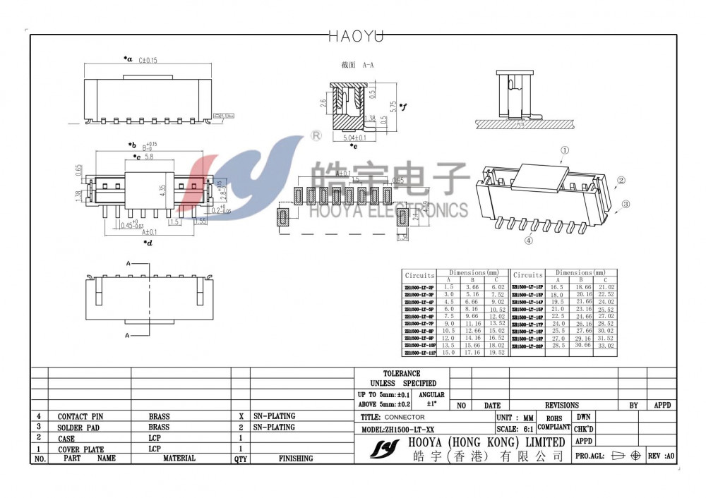 HOOYA ZH1500-LT dimensional reference