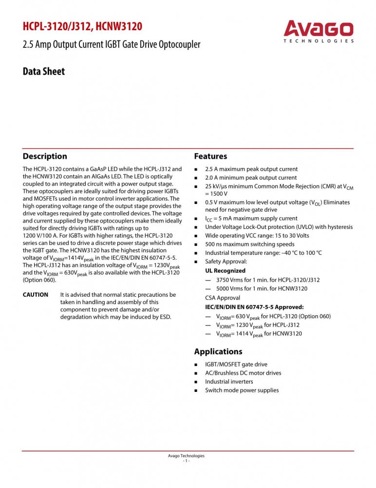 HCPL-3150 technical document page 1